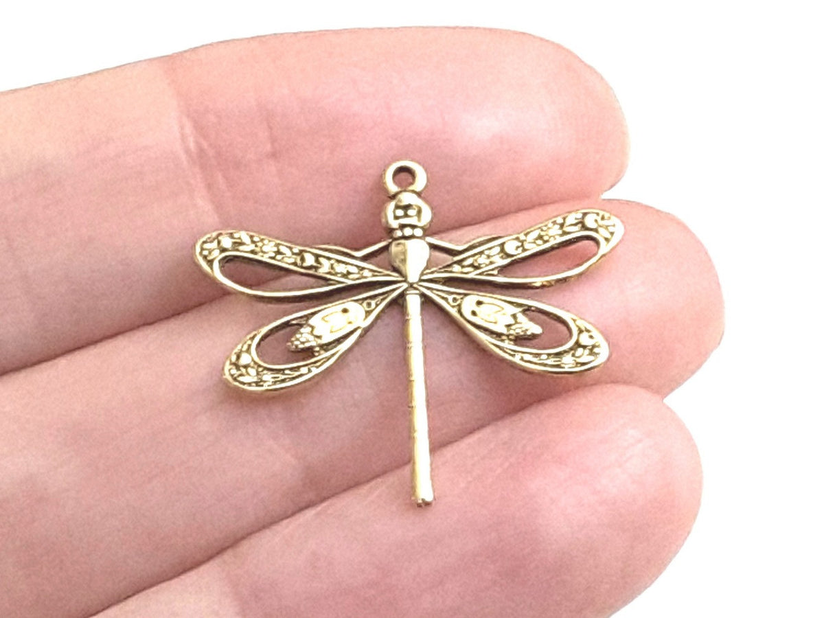 Large Gold Filigree Dragonfly Charm, 1 Loop, 24 Kt Gold Plated Brass ...