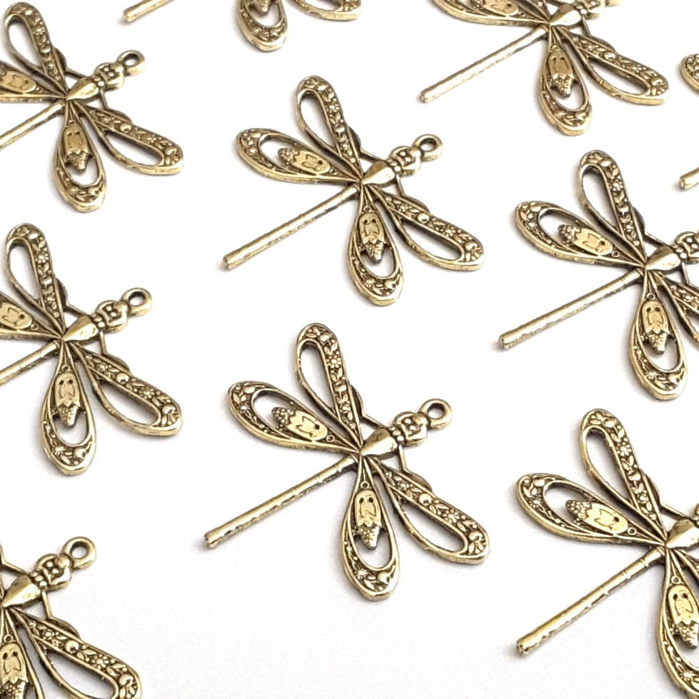 Large Gold Filigree Dragonfly Charm, 1 Loop, 24 Kt Gold Plated Brass ...